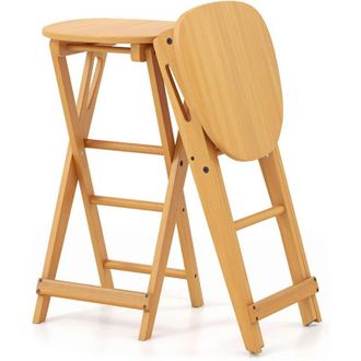 Costway 2er Set Barhocker Klappbar, Barstuhl Bambus mit Fu&szlig;st&uuml;tze, K&uuml;chenstuhl Sitzh&ouml;he 61 cm, Tresenhocker Bistrohocker f&uuml;r K&uuml;che Haus Garten Bar