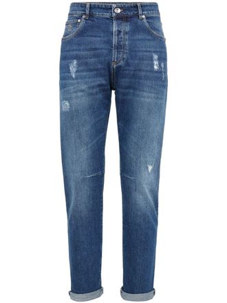 Brunello Cucinelli jean &agrave; effet us&eacute; droit - Bleu