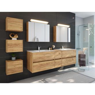 Magnolia Home Badm&ouml;belset Taifun 190cm 4tlg mit 2x Spiegelschrank und 3er Boxen Set eiche gold