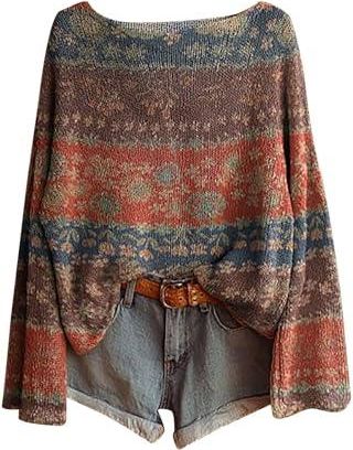 Generic Pull Femme Grande Taille Vintage Imprim&eacute; Floral Boh&egrave;me Pullover Tricot&eacute; &Eacute;l&eacute;gant Col Rond Manche Longue Sweater &Agrave; Motif Tunique Oversize Pas Cher Vetem
