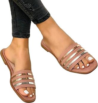 Minetom Sandalen Damen rutschfeste Flach Sommerschuhe Damen Elegant Hausschuhe Freizeit Zehentrenner B Khaki 42 EU