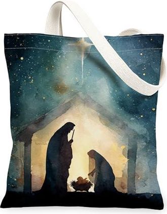 Generic Sacs fourre-tout en toile motif cr&egrave;che de No&euml;l, sacs r&eacute;utilisables, vintage l&eacute;gers et lavables en toile pour les vacances T, bleu, 13x15 Inch