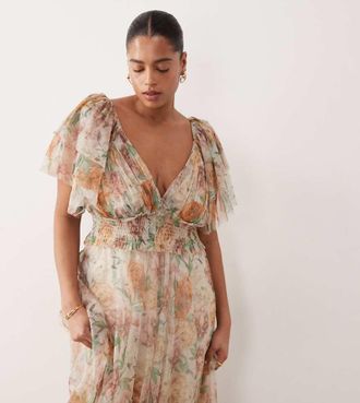 Lace & Beads Plus Robe longue en tulle &agrave; fleurs - Beige-Brown