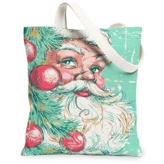 Generic Sacs fourre-tout en toile motif P&egrave;re No&euml;l vintage, r&eacute;utilisables, l&eacute;gers et lavables avec bandouli&egrave;re, vert menthe, 13x15 Inch