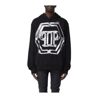 Philipp Plein Homme, Sweatshirts et sweats à capuche, Noir, Taille: L Sweat à Capuche Noir avec Logo Métallique