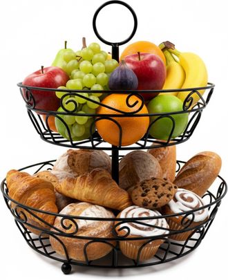 Relaxdays Obst Etagere, 2-st&ouml;ckig, Metall, HxD: 30 x 31 cm, Obst, Gem&uuml;se, mit Griff, runde Obstschale, Obstkorb, schwarz