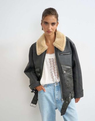 Topshop Veste ceintur&eacute;e en similicuir - Noir et fauve