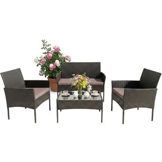 Relaxdays Relaxdays ensemble jardin 4 pcs, rotin, pour 4 pers. - canap&eacute; 2 places, 2 fauteuils, table verre, ext&eacute;rieur, noir