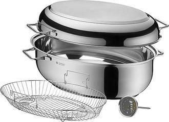 WMF Bräter Induktion mit Deckel backofengeeignet, 8,5l, Schmortopf Induktion, Cromargan Edelstahl, Induktions-Deckel, Bratenthermometer, Einsatz, 41x28,5x