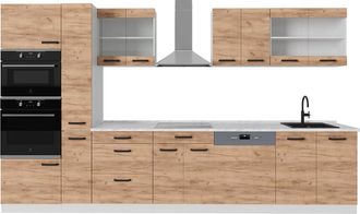 Vicco Küchenzeile R-Line, Küchenblock, Goldkraft Eiche/Weiß, 350 cm AP Marmor