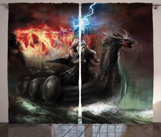 Abakuhaus Drachen Rustikaler Gardine, Wikinger-Boot Stürmische See, Schlafzimmer Kräuselband Vorhang mit Schlaufen und Haken, 280 x 260 cm, Dunkelbraun