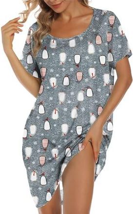 Mia Lucce Chemise de Nuit Femme Manches Courtes Nuisette Femme Coton Robe de Nuit Col Rond de Nuit Imprimée S-XXXL