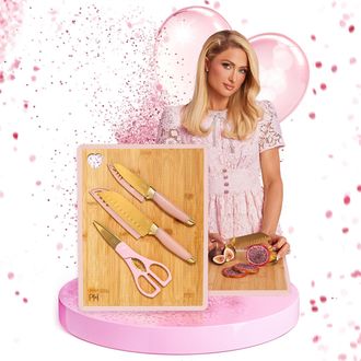 Paris Hilton 6-teiliges Messerset aus Edelstahl mit Bambus-Schneidebrett- Inkl. Santokumesser, Sch&auml;lmesser, K&uuml;chenschere und Schneidebrett