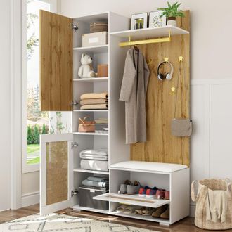 STILVORA Meuble dentr&eacute;e avec 3 Portes, Miroir, 6 Pat&egrave;res Dor&eacute;es et LED 16 Couleurs, Style Moderne, en MDF, 110&times;38&times;190 cm
