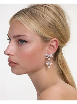 Self Portrait Crystal-Encrusted Double Bow Earrings - Silver
