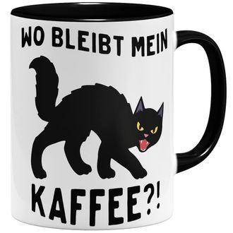 OM3 Wo bleibt Mein Kaffee?! Katzen Tasse mit Katzenmotiv - Keramik Becher - 325ml - Beidseitig Bedruckt - Schwarz