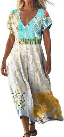 Generic Robe midi en coton et lin pour femme, robe trapèze à col en V profond, robe dété à manches courtes, robe dété à motif floral, robe dété légère, Y, M
