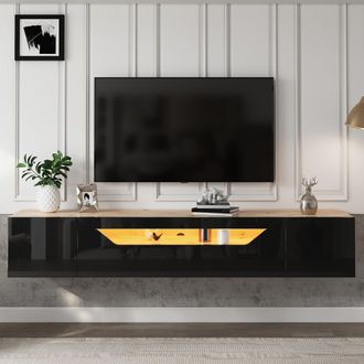 Generic Wandmontiertes TV-Lowboard 180x37x36 cm Schwarz Holzoptik Hochglanz mit Klappt&uuml;r, LED, 3 F&auml;chern, TV-Schrank bis 75 Zoll schwebend, H&auml;ngeboard Fernseh