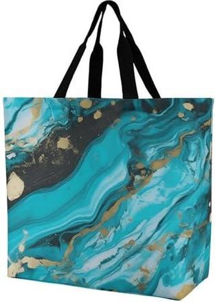Generic Marbre Bleu Sarcelle Et Or Sac &Agrave; Bandouli&egrave;re R&eacute;utilisable Tote Bag Imperm&eacute;able Sac Fourre Tout Pour Universit&eacute; Travail Shopping