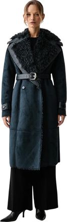 Patrizia Pepe Manteau crois&eacute; effet peau lain&eacute;e avec ceinture - Femme - Manteaux - Bleu - Taille: 36 FR