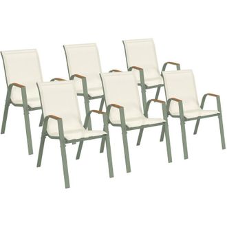 IDMarket Lot de 6 chaises de jardin NOUMEA m&eacute;tal et textil&egrave;ne empilables vert et bois