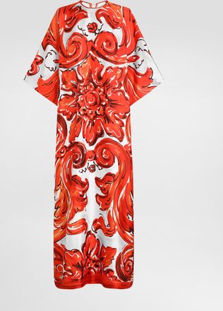 Dolce & Gabbana Langes Tunika-kleid Aus Twill Mit Majolika-print - Frau Kleider Mehrfarbig 40