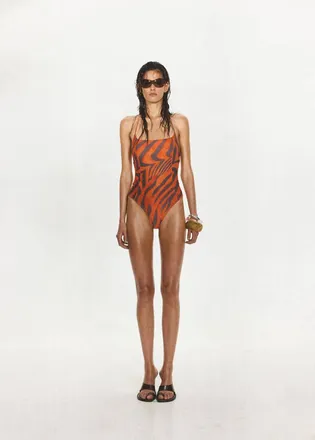 Mango Maillot de bain halter imprim&eacute; animal orange - Femme - S - MANGO