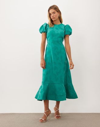 Sister Jane Sister Jane robe midi jacquard &agrave; manches bouffantes et ourlet structur&eacute; vert &eacute;meraude