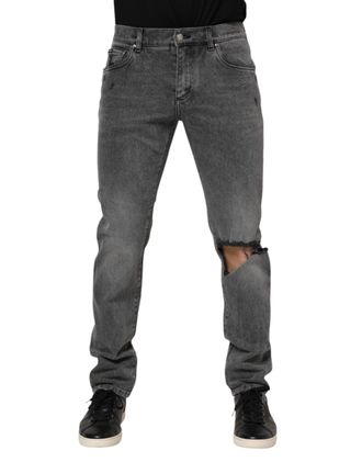 Dolce & Gabbana Mens Gray Cotton Logo Plaque Denim Jeans Elastane Clothing