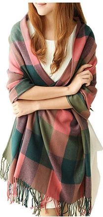 Heekpek Damen Kariert Oversized Kaschmir Schal Lange Winterschal Weich Wraps Gro&szlig; Karo Fransen Schal Warm Schal f&uuml;r Herbst Winter, Rot gr&uuml;n