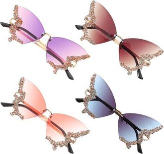 PartyKindom Lot de 4 Lunettes de Soleil Vintage Orn&eacute;es de Cristaux sans Monture L&eacute;g&egrave;res et Confortables Protection UV Couleurs Vari&eacute;es pour Festivals et Plage