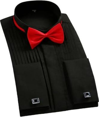 Generic Chemise de smoking pour homme avec noeud papillon rouge et noir pour fête, dîner, mariage, marié, Noir, L