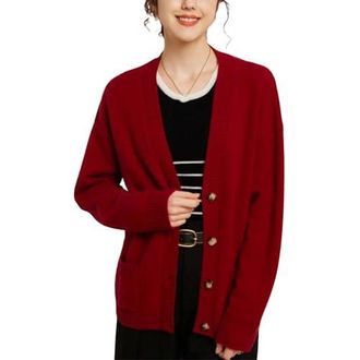 Generic Cardigan &agrave; col en V pour femme 100 % cachemire pull ample en tricot r&eacute;tro poches v&ecirc;tements dext&eacute;rieur, bordeaux, Taille Unique