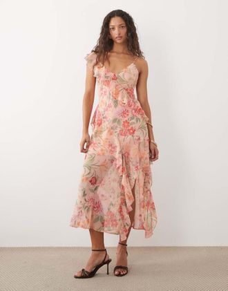 New Look Asymmetrisches Midikleid aus Chiffon in Rosa gebl&uuml;mt-Orange