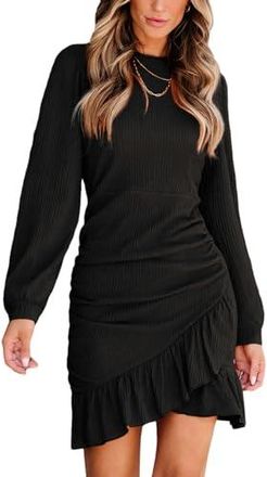Cupshe Robe dautomne froncée en tricot pour femme avec ourlet froncé et col rond et manches longues - Mini robe moulante sexy et décontractée pour les vacanc