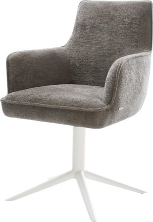 DELIFE Esszimmerstuhl Heira-Flex mit Armlehnen Fu&szlig;kreuz Wei&szlig; Boucl&eacute; Soft Schlamm 360&deg; drehbar Wippfunktion Taschenfederkern