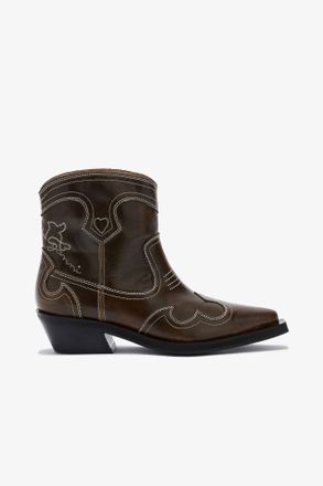 Ganni Bottes brodées à tige basse Western - Taille 40 Vert - Pour Femme