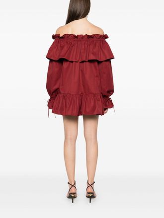 Saint Laurent Ruffled Off-Shoulder Cotton Dress - Bordeaux