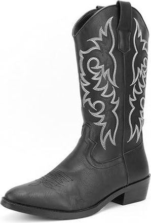 Generic Bottes de Cow-Boy pour Hommes en Cuir PU &agrave; Bout Rond brod&eacute; Bottes Western avec Semelle en Caoutchouc et Talon Haut,Noir,45 EU