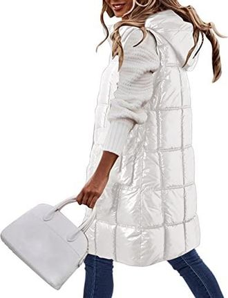 Generic Vestes longues sans manches pour femmes 2026 &agrave; capuche boutonn&eacute;e bouffante rembourr&eacute;e v&ecirc;tements dext&eacute;rieur dhiver, blanc, XL