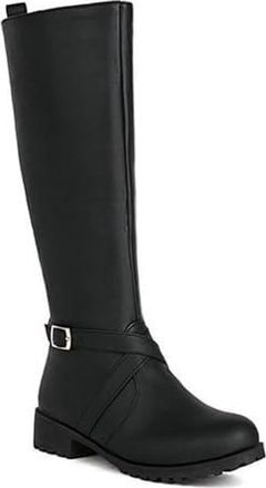 Generic Bottes montantes au genou pour femme - Large mollet plat - Talon bas &eacute;pais - Fermeture &eacute;clair lat&eacute;rale - Boucle de moto - Chaussures dhiver, Noir, 37.