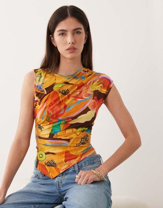 Never Fully Dressed Rio - Asymmetrisches Oberteil mit Papaya-Printmuster-Mehrfarbig