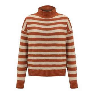 Generic Pull &agrave; col haut pour femme, pull r&eacute;tro ray&eacute; contrast&eacute; &agrave; col roul&eacute; orange et blanc tricot&eacute; ample d&eacute;contract&eacute;, Orange, S