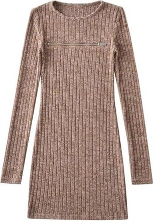 Generic Robes amincissantes dhiver - Mini robe moulante d&eacute;contract&eacute;e avec fermeture &eacute;clair sur le devant - Manches longues - Col rond - &Eacute;paissies - Extensible