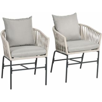 OUTSUNNY Lot de 2 fauteuils de jardin avec coussins m&eacute;tal cordes pe noir gris