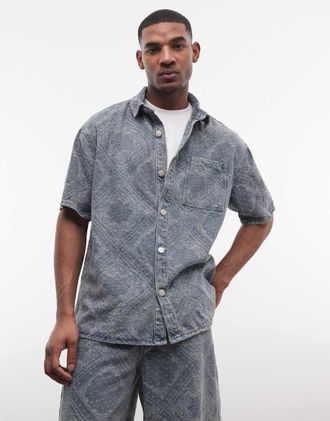 Liquor & Poker Chemise d&eacute;contract&eacute;e densemble en jean &agrave; motif cachemire en jacquard - Bleu-Multicolore