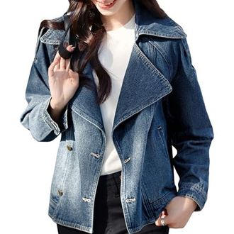 Generic Manteau court en jean &agrave; col crant&eacute; pour femme, col en V, revers &agrave; revers, veste en jean avec fermeture &eacute;clair, style d&eacute;contract&eacute;, bleu, 3XL