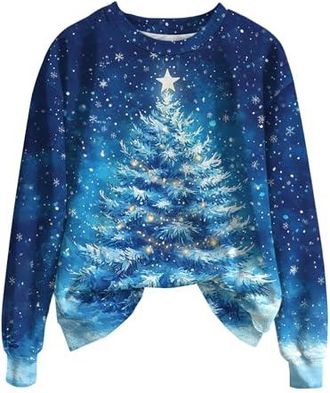 Generic Chandails de No&euml;l pour femmes 2025 Nouveaut&eacute; Arbre de No&euml;l Imprim&eacute; Arbre de No&euml;l Tops Pull Chemises Sweat-shirt de No&euml;l Vintage, bleu, XL