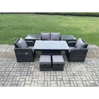 Fimous 6-Sitzer Rattan Outdoor M&ouml;bel Garten Dining Set Patio H&ouml;he Einstellbare Steigende Hubtisch Liebe Sofa Stuhl Mit 2 Beistelltische Hocker - Fimous