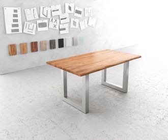 DELIFE Esstisch Edge 160x90cm Akazie Natur Edelstahl breit Live-Edge, Esstische, Baumkantenm&ouml;bel, Massivholzm&ouml;bel, Massivholz